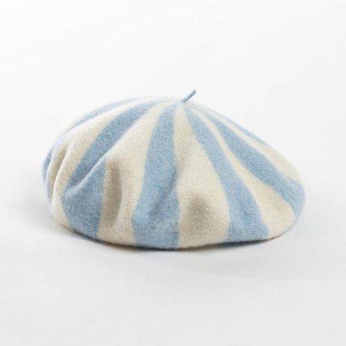Powder Blue and Ivory Striped Wool Beret - NCC Collections